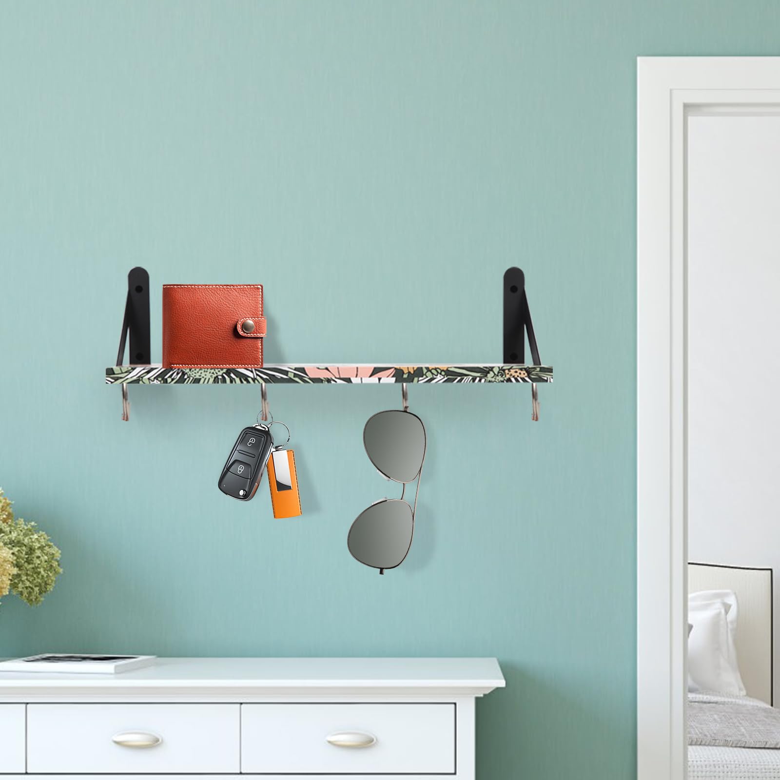 TYHBO Printed Style Floating Shelves for Wall,1 pcs Wall Mounted Room Shelf with Hooks for Floating Book Shelves for Wall, Plant Shelf and Room Decor (Flowers)