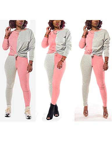 Angsuttc Jogger Sets for Women 2 Piece, Color Blocked Long Sleeve Tops Skinny Pants Tracksuit Outfits Pink&Grey M
