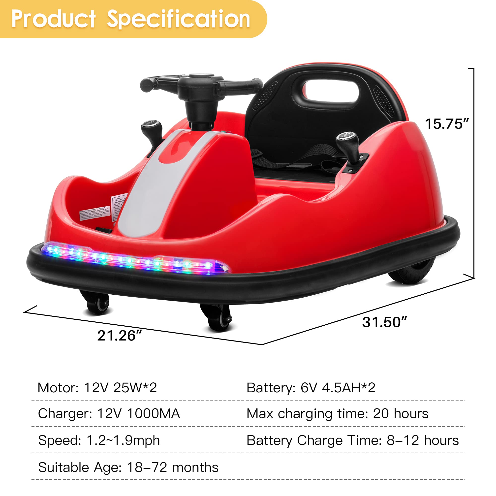 Kidzone 12V 2 Driving Mode (Steering Wheel/Joystick) Ride On Bumper Car for Kids & Toddlers 1.5-6 Year Old DIY Sticker Baby Bumping Toy Gifts W/Remote Control LED Lights, 360 Degree Spin
