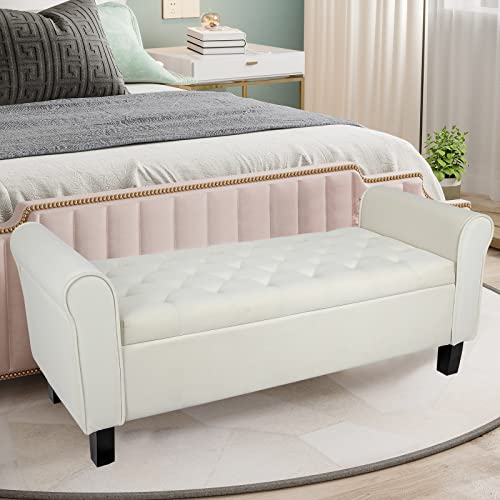 Babion Storage Bench End of Bed, Velvet Ottoman Bench with Storage and Arms, Upholstered Fabric Storage Ottoman Bench with Button Tufted, Storage Bench for Bedroom Living Room(White)
