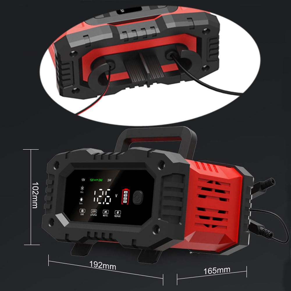 ATian Smart Battery Charger 12V/20A 24V/10A Automatic Battery Maintainer Auto-Volt Detection ,with LDC Display Tester for Car Motorcycle Lawn Mower AGM GEM Lead Acid Batteries (Red)