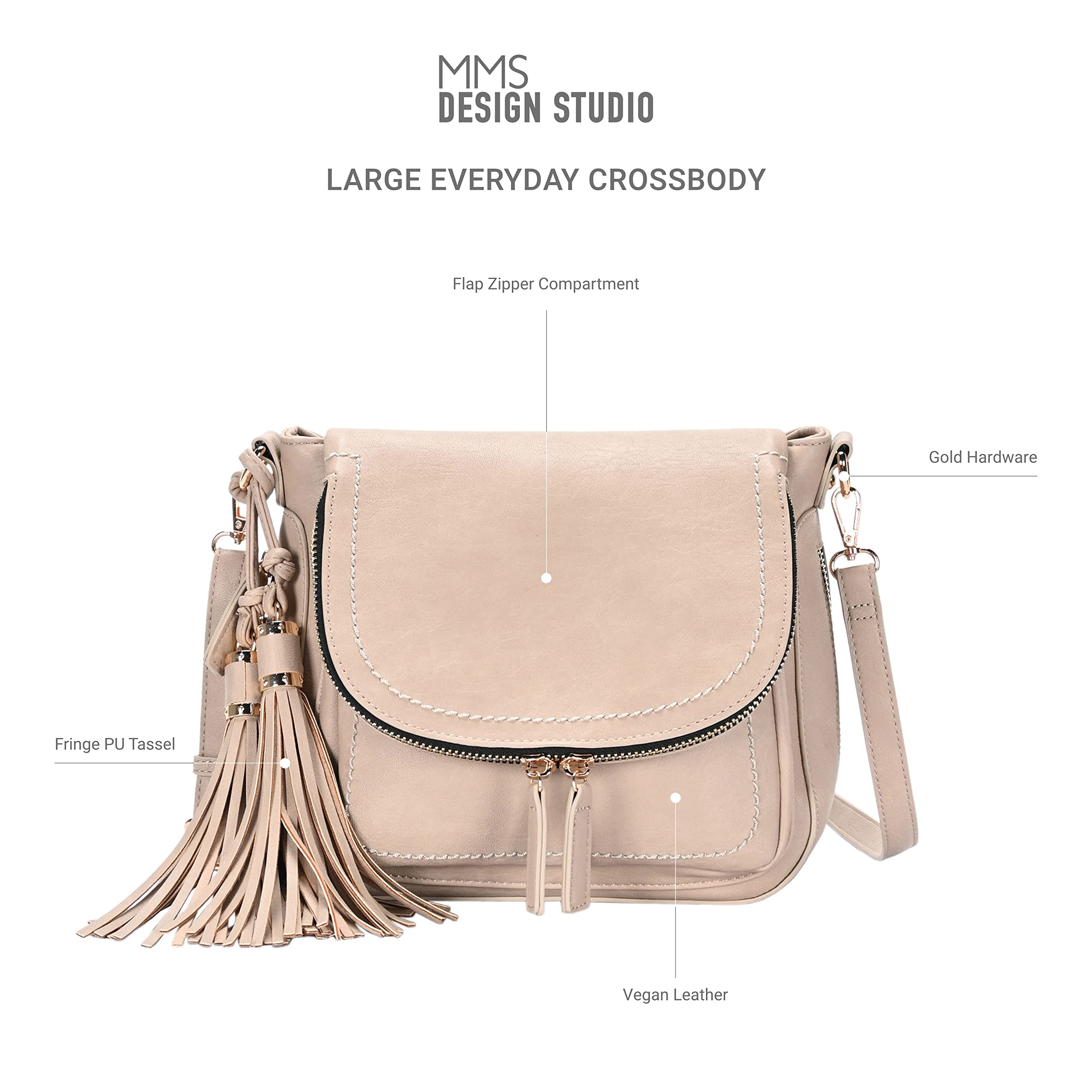 MMS Design Studio The Journey Crossbody Shoulder Bag for Women, Distressed Vegan Leather - Taupe