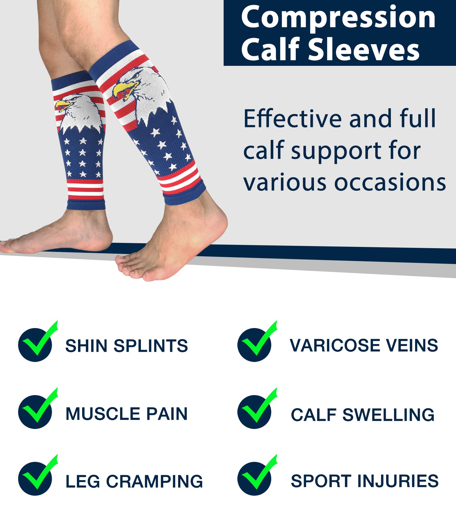 BUENWAZ Compression Leg Sleeve for Calf 1 Pair Footless Compression Socks for Running, Leg Sleeves for Relieving Varicose Vein, Leg Pain and Shin Splint (Thin Blue Line)