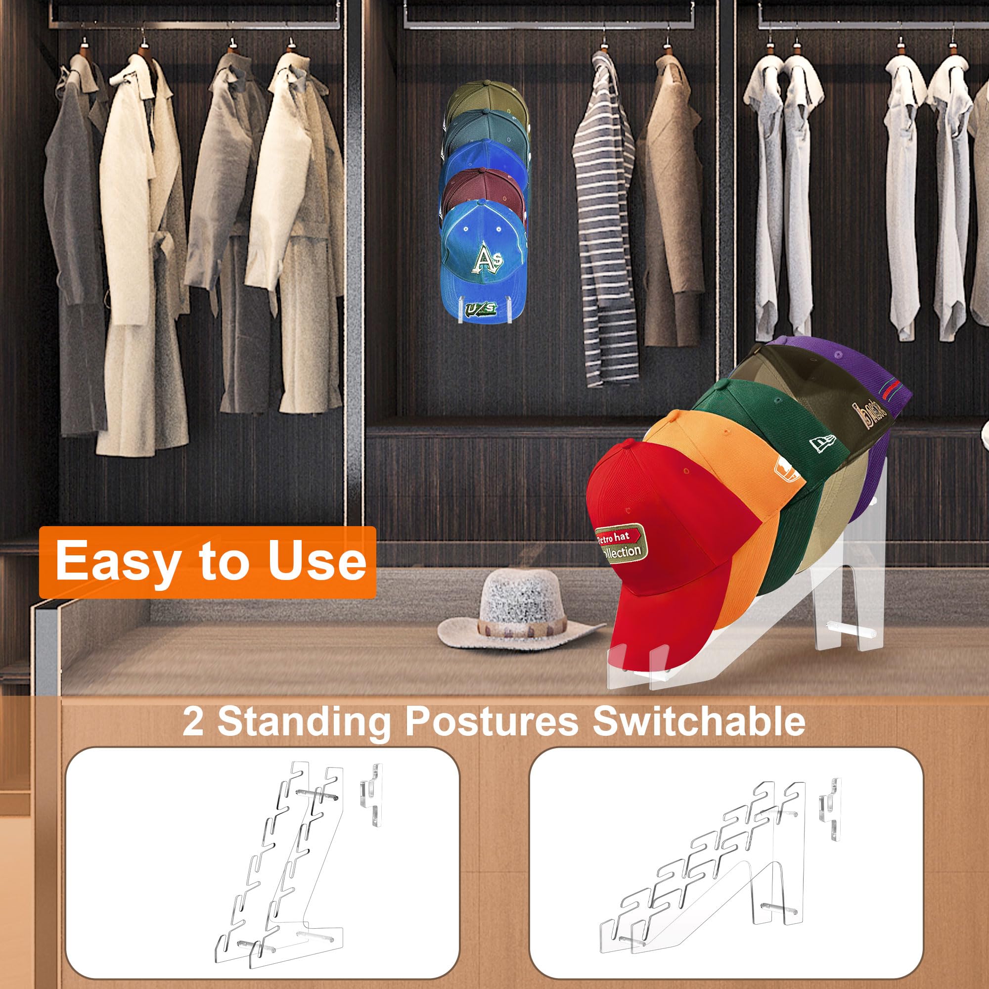 Loscarol Baseball Cap Hat Organizer - 2 Pack Space-Saving Hat Rack Storage | Wall Mounted Hat Holder for Closet, Dresser, Entrance | Acrylic Hat Stand Display & Cap Organizer for 10 Baseball Caps