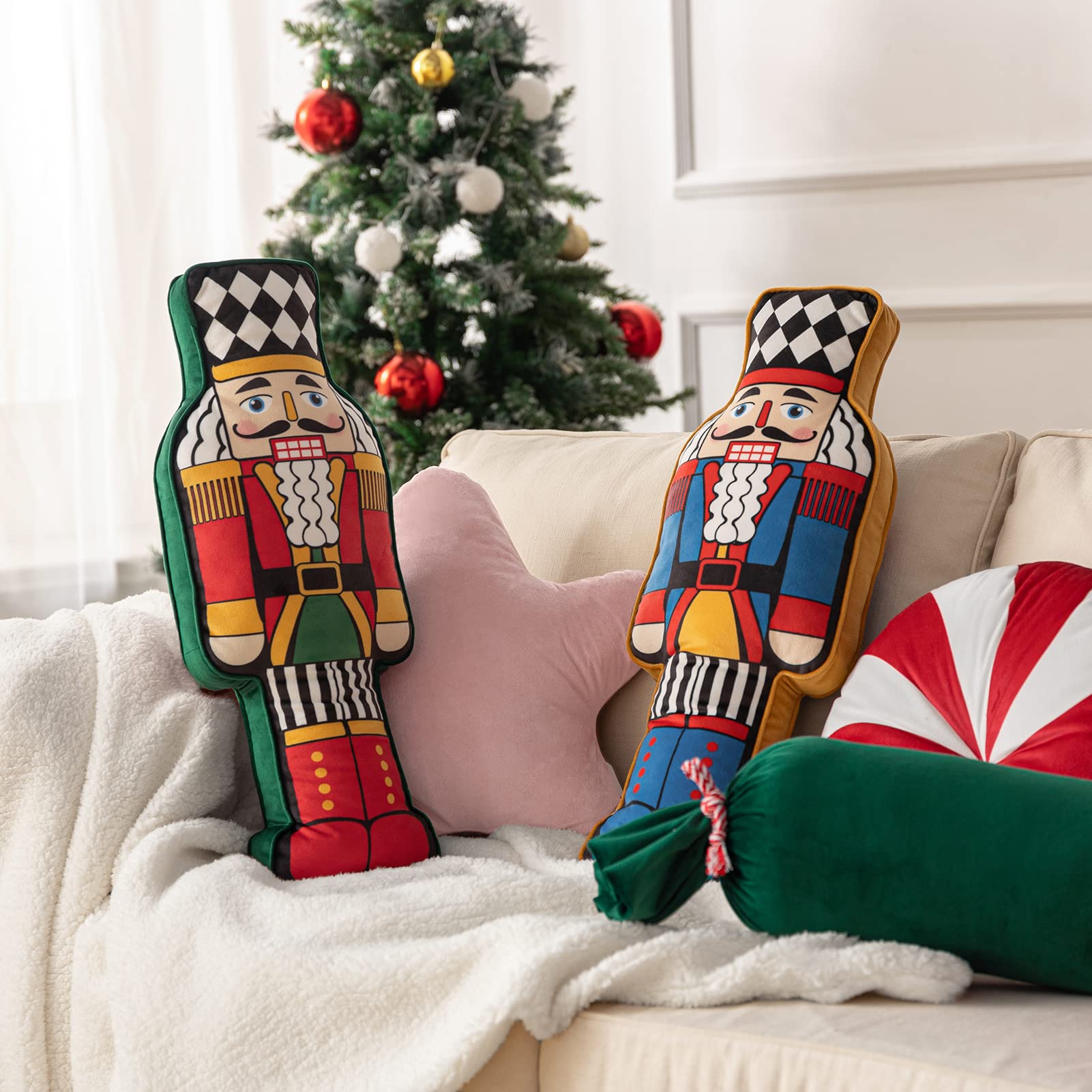 Ashler Nutcracker Christmas Throw Pillow, Nutcracker Hooked Shaped Pillow, Velvet 3D Decoration Throw Pillows, Nut Cracker Christmas Decor Cushion for Couch Chair Bed, 23.5x8.5 Inches, Red