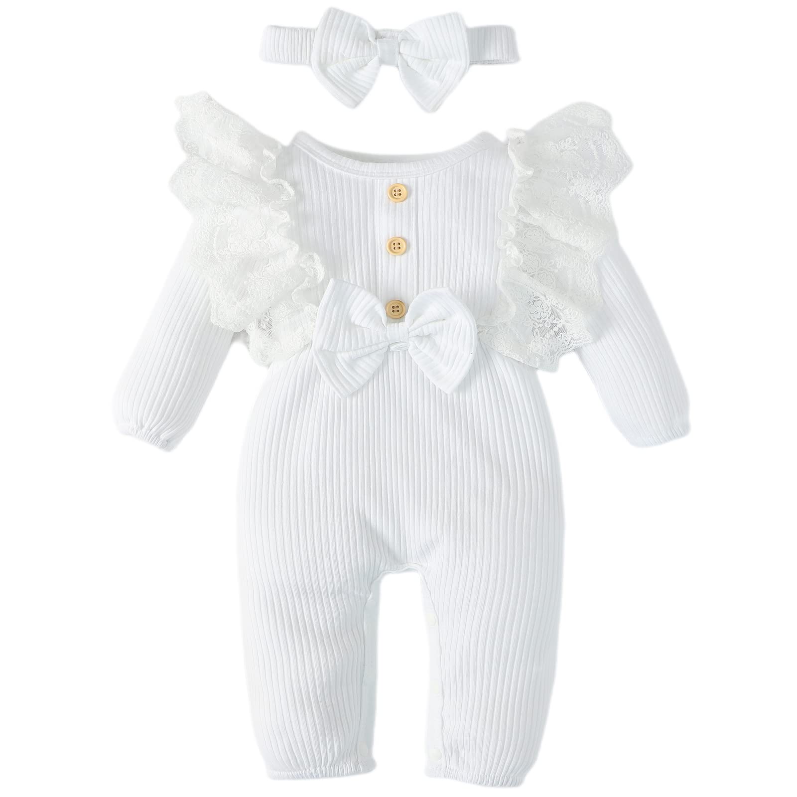 Baby Girl Clothes Newborn Fall Winter Rompers Lace Ruffle Sleeveless One-Pieces Buttons Jumpsuits Bodysuit Outfits Set White 3-6M