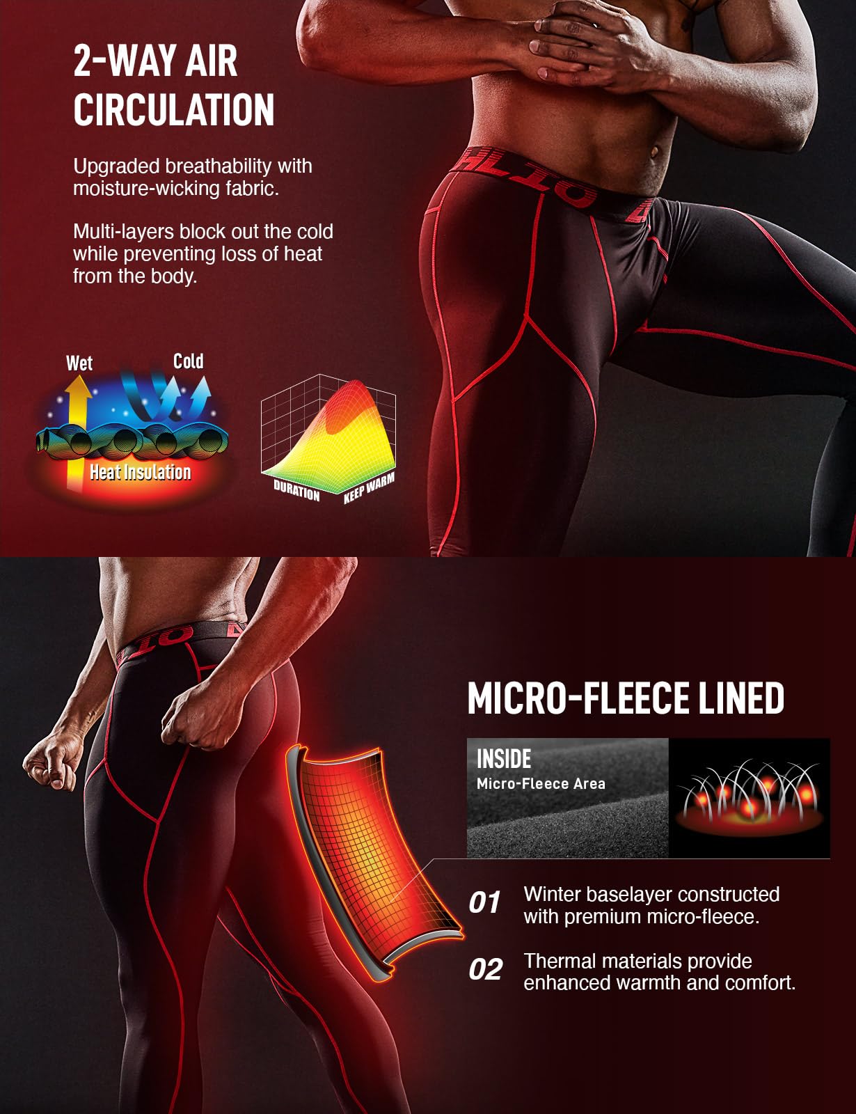 ATHLIO Men's Thermal Compression Pants, Athletic Running Tights & Sports Leggings, Wintergear Base Layer Bottoms, 3pack Thermal Pants Black/Black & Red/Charcoal, X-Large