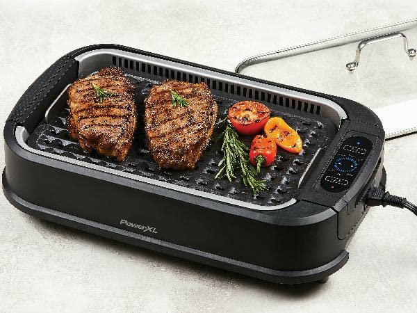 PowerXL Smokeless Grill Family Size- with Tempered Glass Lid with Interchangeable Grill and Griddle Plate and Turbo Speed Smoke Extractor Technology 22.1β X13.2β X 6.1