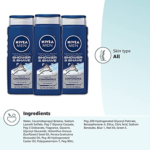 Nivea Men Shower & Shave Body Wash, Shower, Shave and Shampoo With Moisture, 16.9 fl. oz, Pack of 3