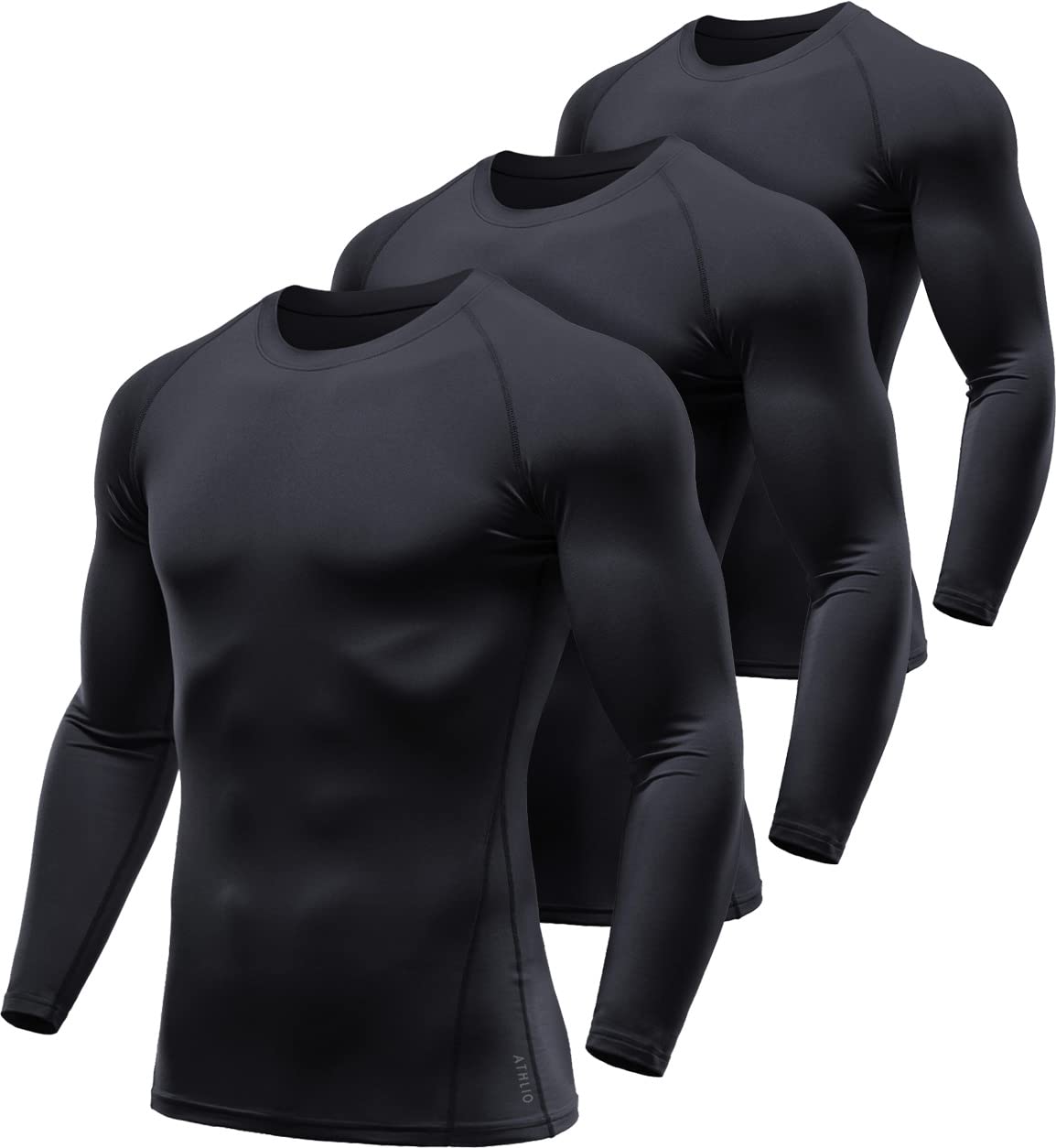 ATHLIO Men's Thermal Long Sleeve Compression Shirts, Winter Gear Sports Base Layer Top, Athletic Running T-Shirt, Active Top 3pack Black/Black/Black, Large
