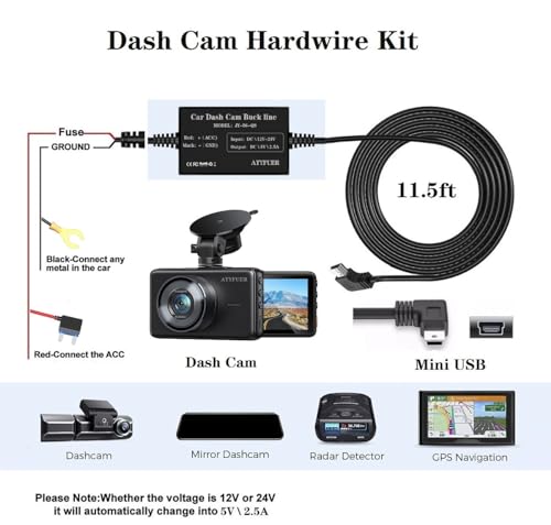 ATYFUER Dash Cam Hardwire Kit GPS Charger Cable GPS Navigator Charger Cable Mini USB Hard Wire Kit Dash Cam Power Cable for 12V Car and 24V Truck(11.5ft)