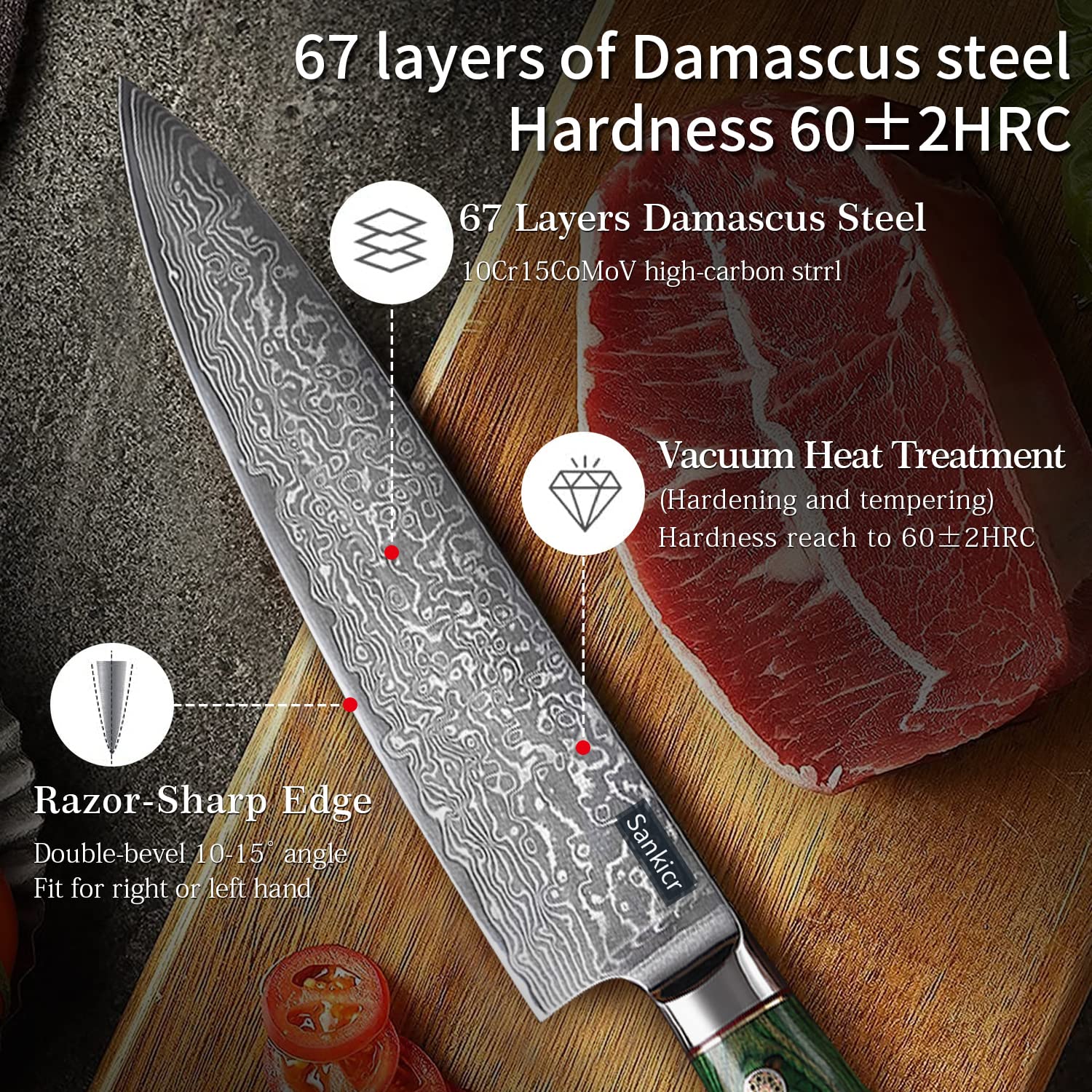 Damascus Chef Knife 8 inch- Razor Sharp Kitchen Knife Made of Damascus VG-10 Steel Special Chef's Knife for the Kitchen, Green Ebony Handle Ergonomic (8.03)…