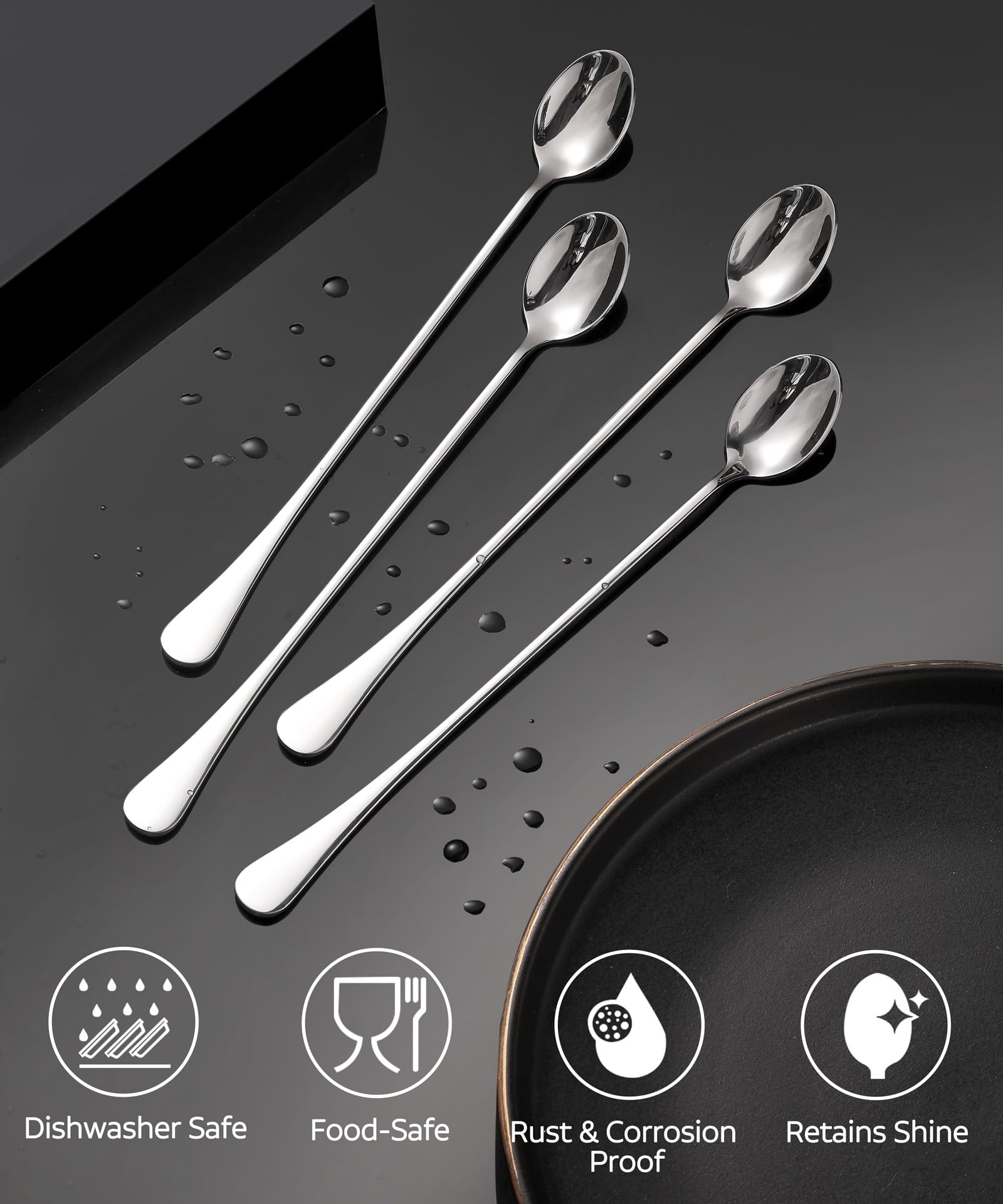 Lovingly Yours 9.5-Inch Long Handle Spoon, Ice Tea Spoons, Ice Cream Spoon, Long Coffee Spoons, Stainless Steel Stirring Spoons, Set of 4