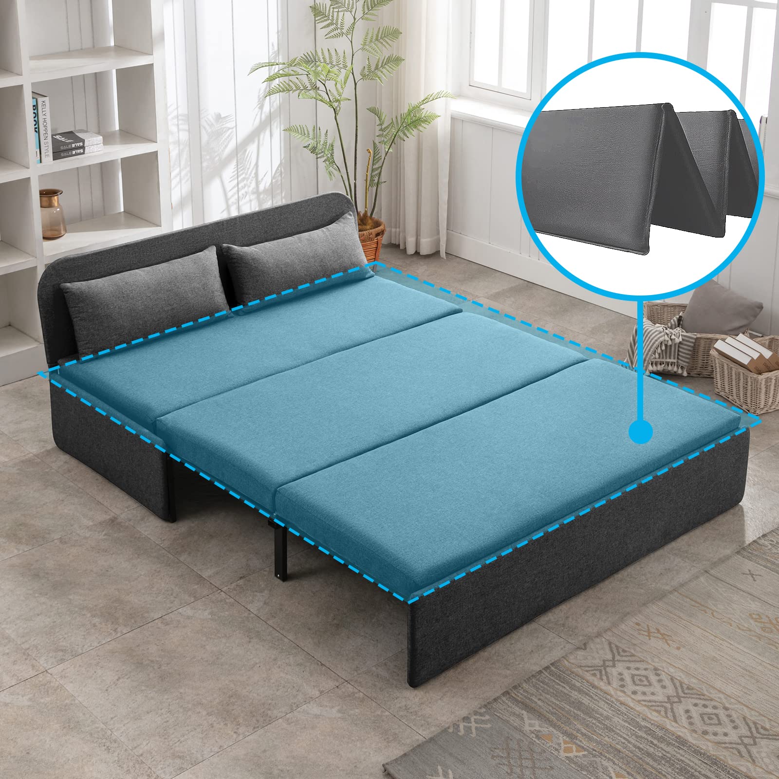 Mjkone Queen Size 2 in 1 Convertible Sofa Bed, Linen Loveseat with 1 Foldable Mattress and 2 Cushions, Pull Out Sleeper Sofa,Couch Bed for Small Place, Apartment and Office - Dark Gray