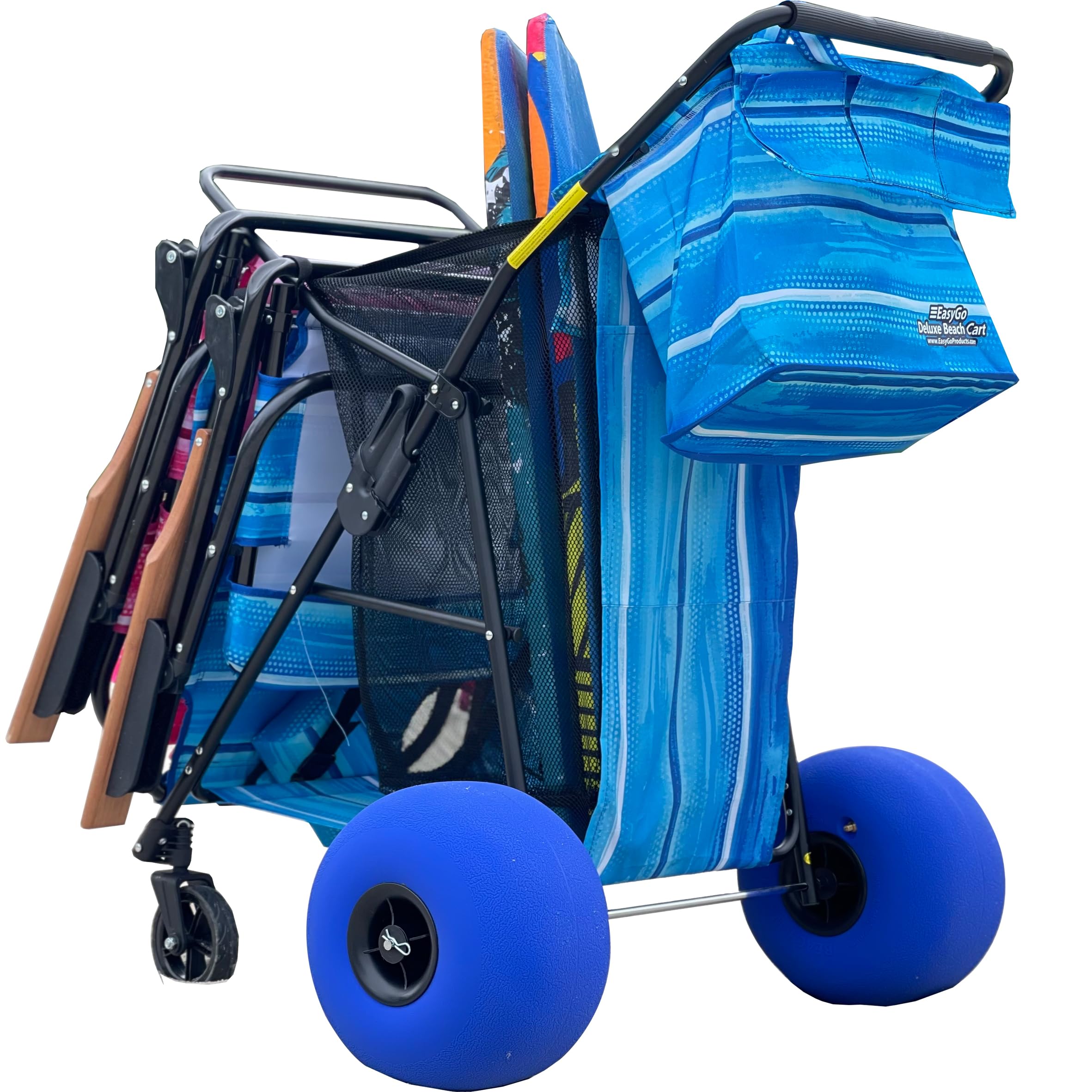 Beach Cart Balloon Wheel Deluxe Heavy Duty Folding Ocean Utility 13β x 7β Sand Wheels Holds 4 Folding Chairs Umbrella Holder Removable Beach Bag Blue Striped Pattern