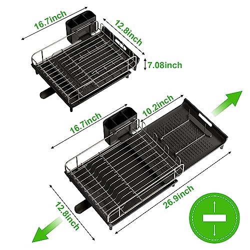 Fixwal Large Dish Drying Rack, Dish Rack for Kitchen Counter, Expandable Stainless Steel Dish Drainers, Kitchen Gadgets with Utensil Holder & Drainboard for Various Kitchenware