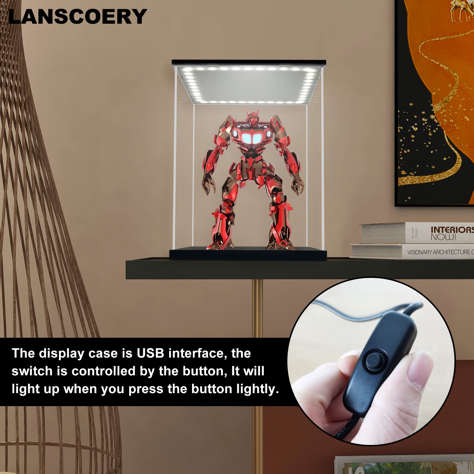 LANSCOERY Clear Acrylic Display Case with LED Light, Large Showcase and Display Box, Dustproof with UV Protection, Perfect for Figures Collectibles - 11.8x11.8x15.7inch