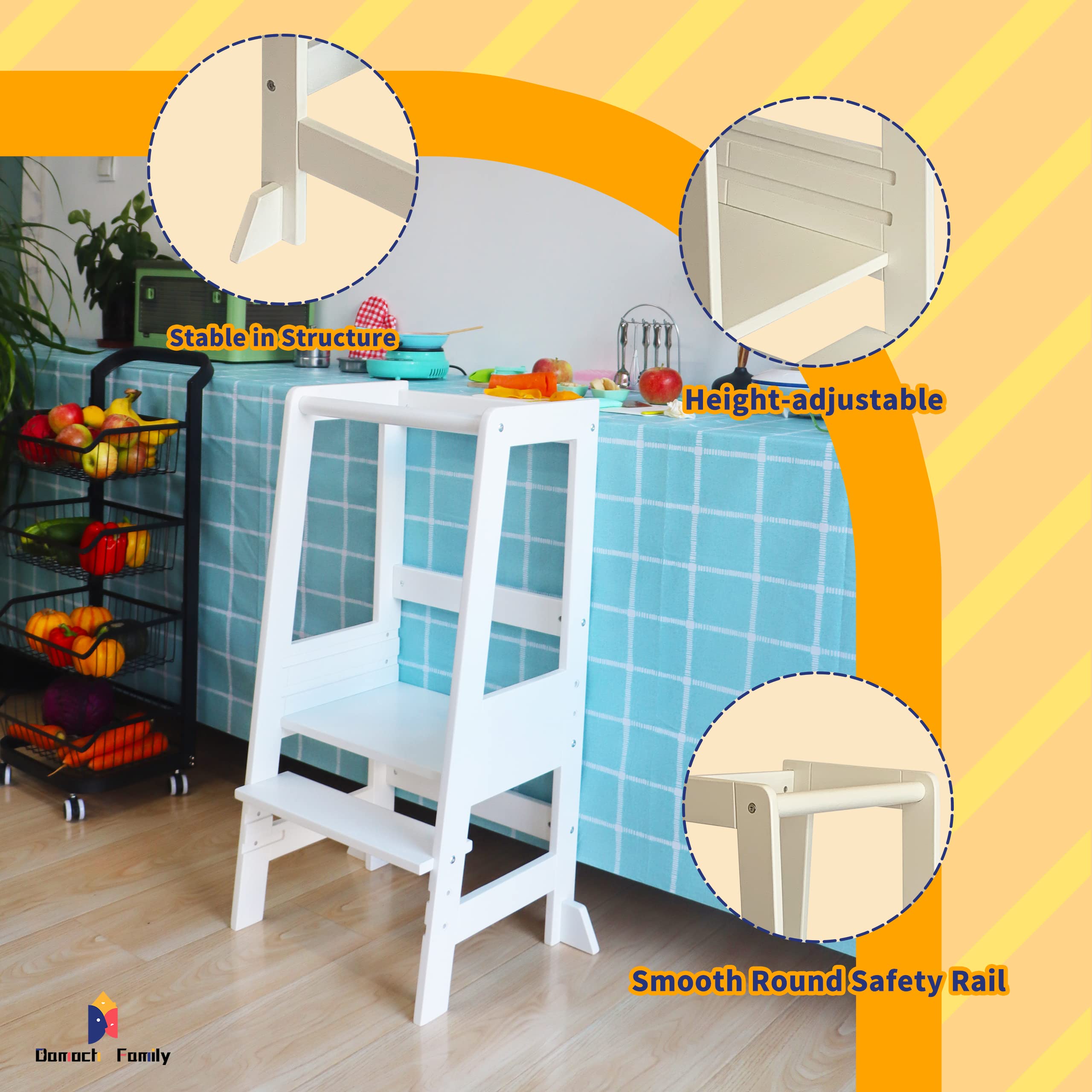 Damoch Family™ Kitchen Learning Stool Wooden Adjustable Height Kitchen Help Stool for Toddlers Patented Design (White)