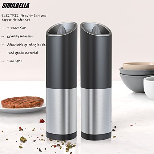 Gravity Electric Salt and Pepper Grinder Set Battery Operated,One Hand Operation Automatic salt and pepper grinder set,Electric Salt and Pepper Shakers with LED Light,Adjustable Coarseness(2 PCS)