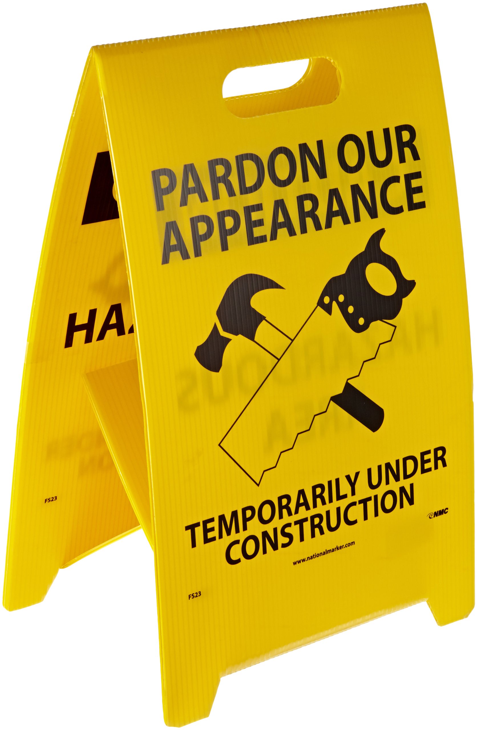 NMC FS23 Double Sided Floor Sign, Legend "PARDON OUR APPEARANCE TEMPORARILY UNDER CONSTRUCTION CAUTION HAZARDOUS AREA" with Graphic, 12" Length x 20" Height, Coroplast, Black on Yellow
