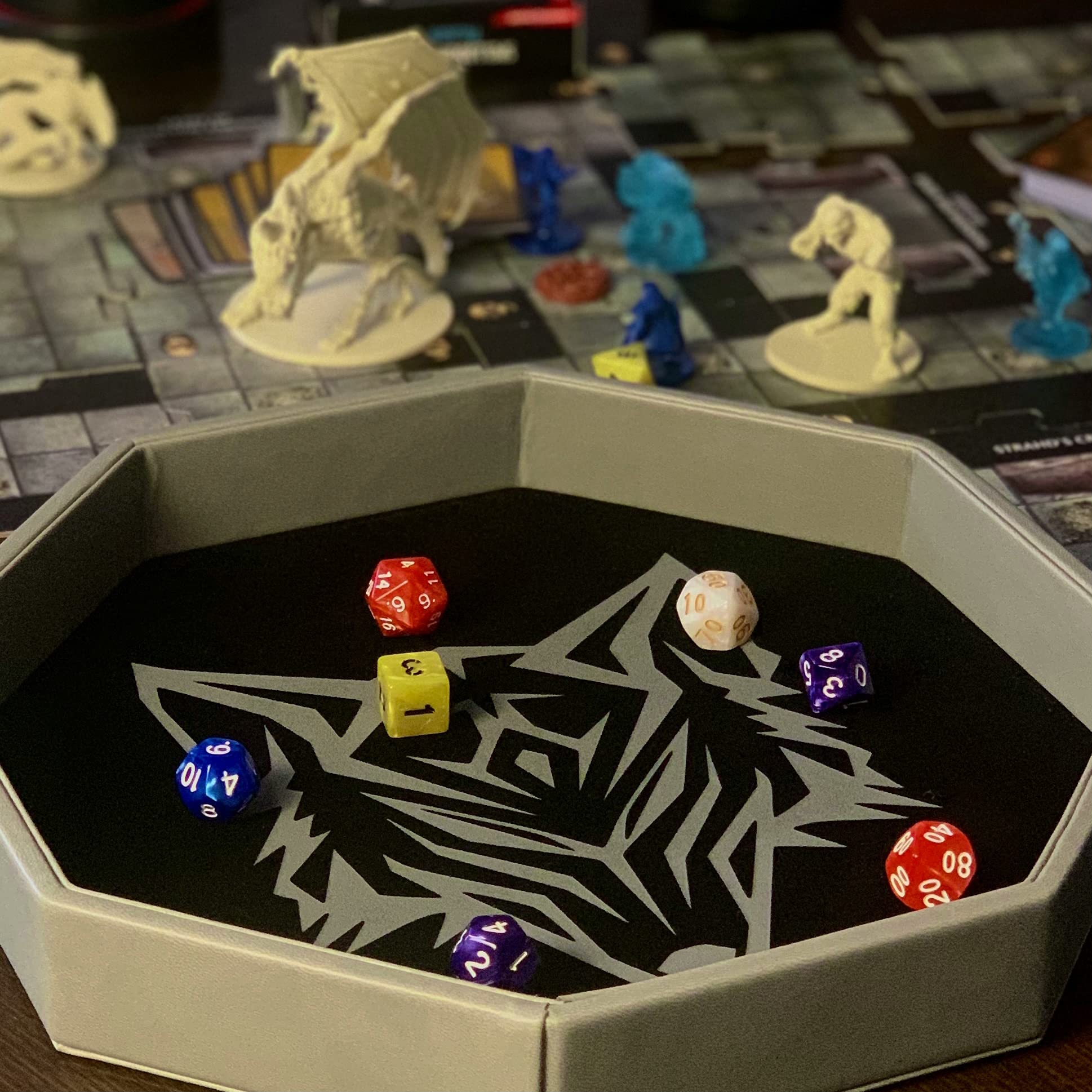 Luck Lab 11.5 Inch Dice Tray – Black and Grey - Big Octagonal Dice Tray with Luxurious Rolling Area for RPG Table Top Gaming Like D&D - Wolf Design