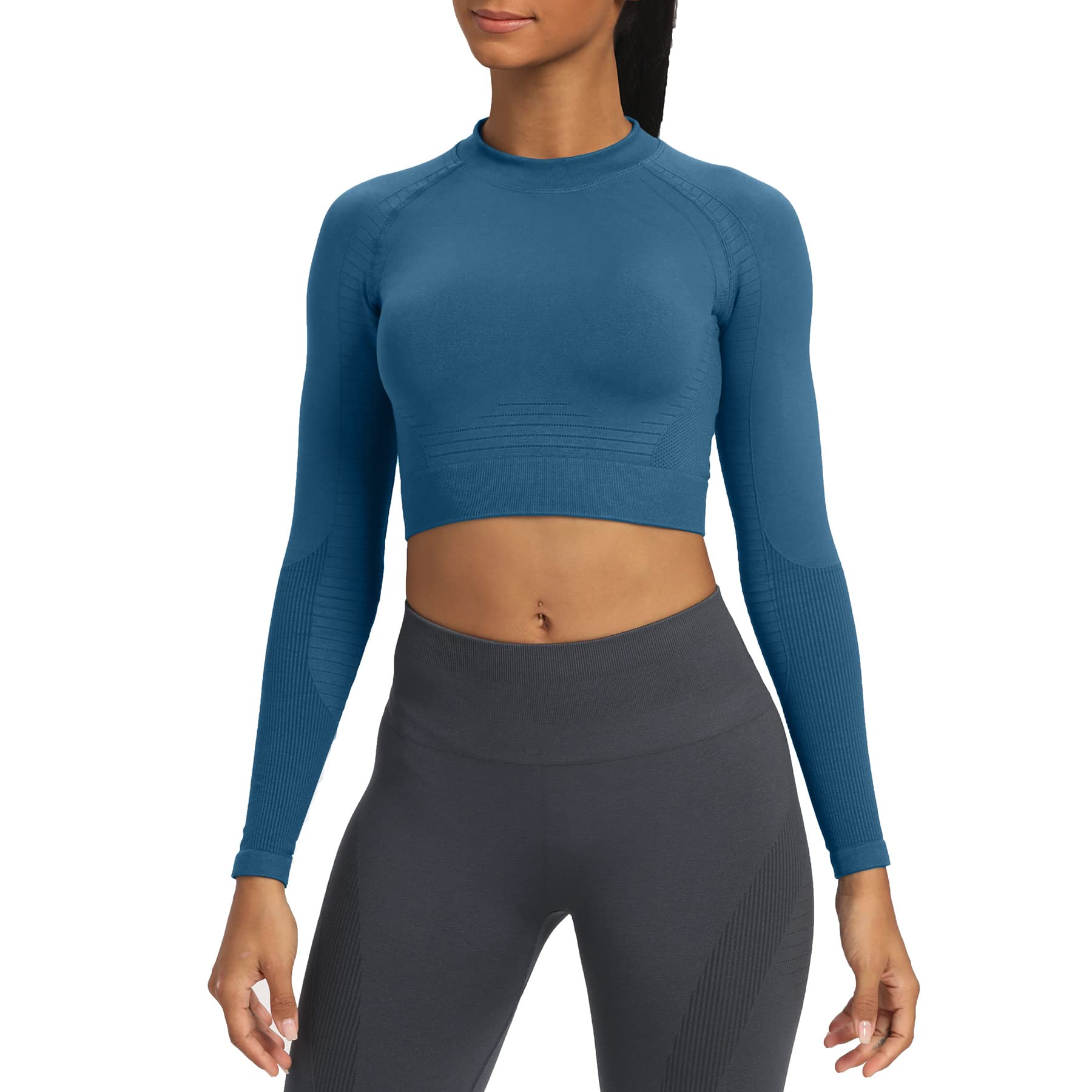 Aoxjox Long Sleeve Crop Tops for Women Carbon Seamless High Neck Workout Crop T Shirt Top (Atlantic Blue, Small)