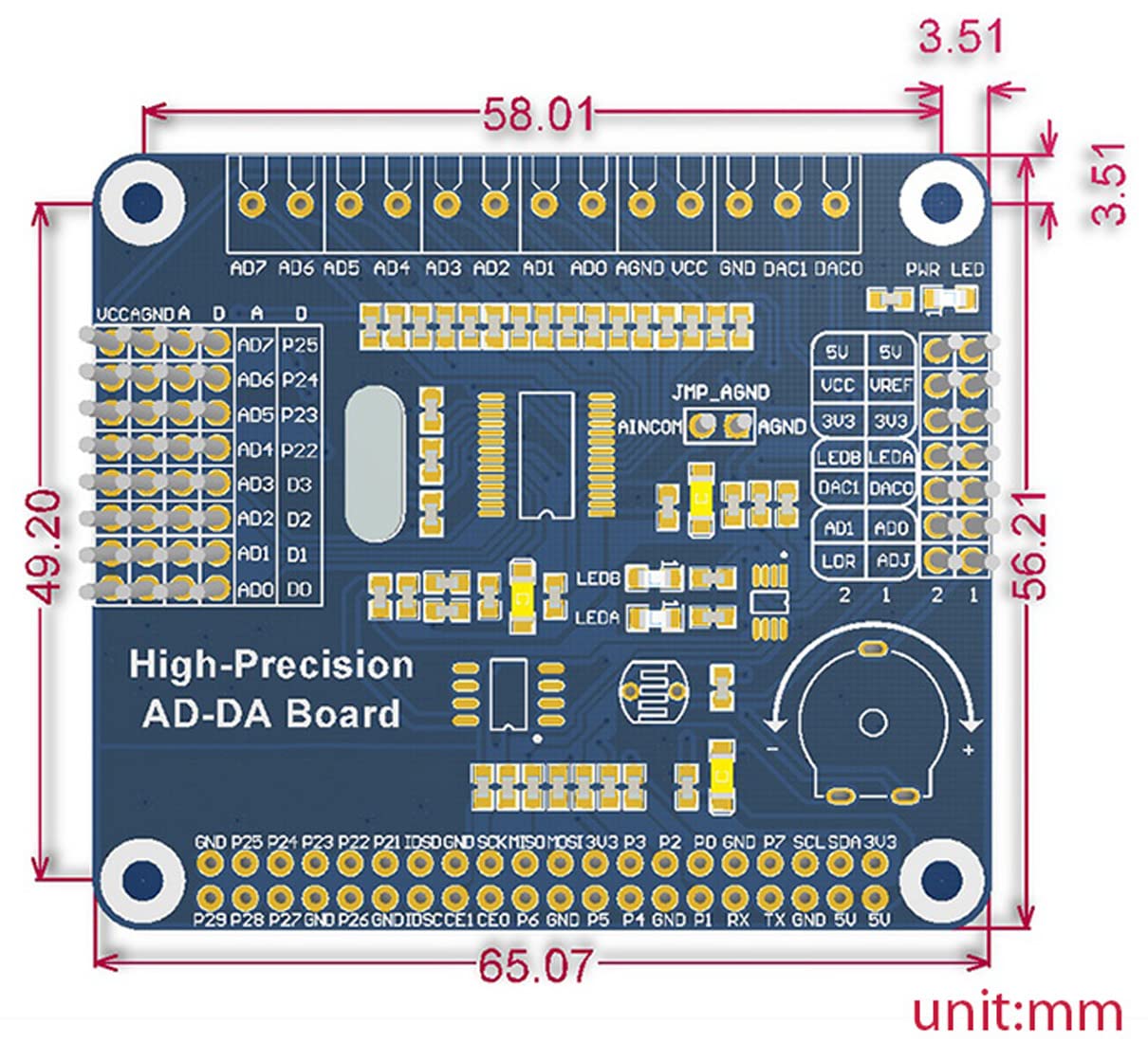 Waveshare AD/DA Expansion Sheild Board for Adding High-Precision AD/DA Functions Compatible with Raspberry Pi Onboard ADS1256 DAC8552 Sensor Interface