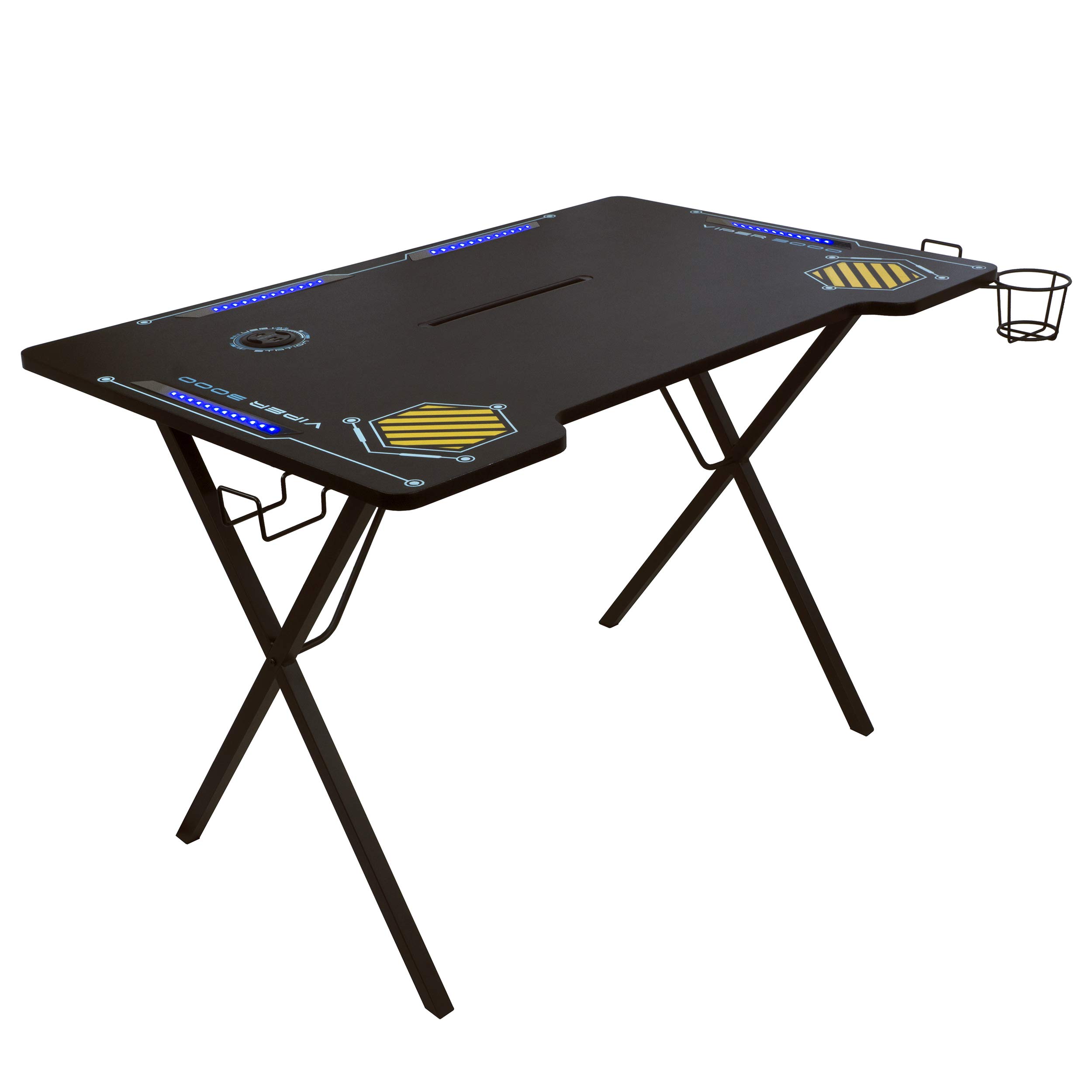 Atlantic Viper 3000 Gaming Desk – Single Laminated Surface, Heavy-Duty Steel X-Legs, Integrated LED, 3 USB 3.0 Ports, Smart Device Slot, Surge Protector Tray, Headset Hooks, PN 33906164 - Black