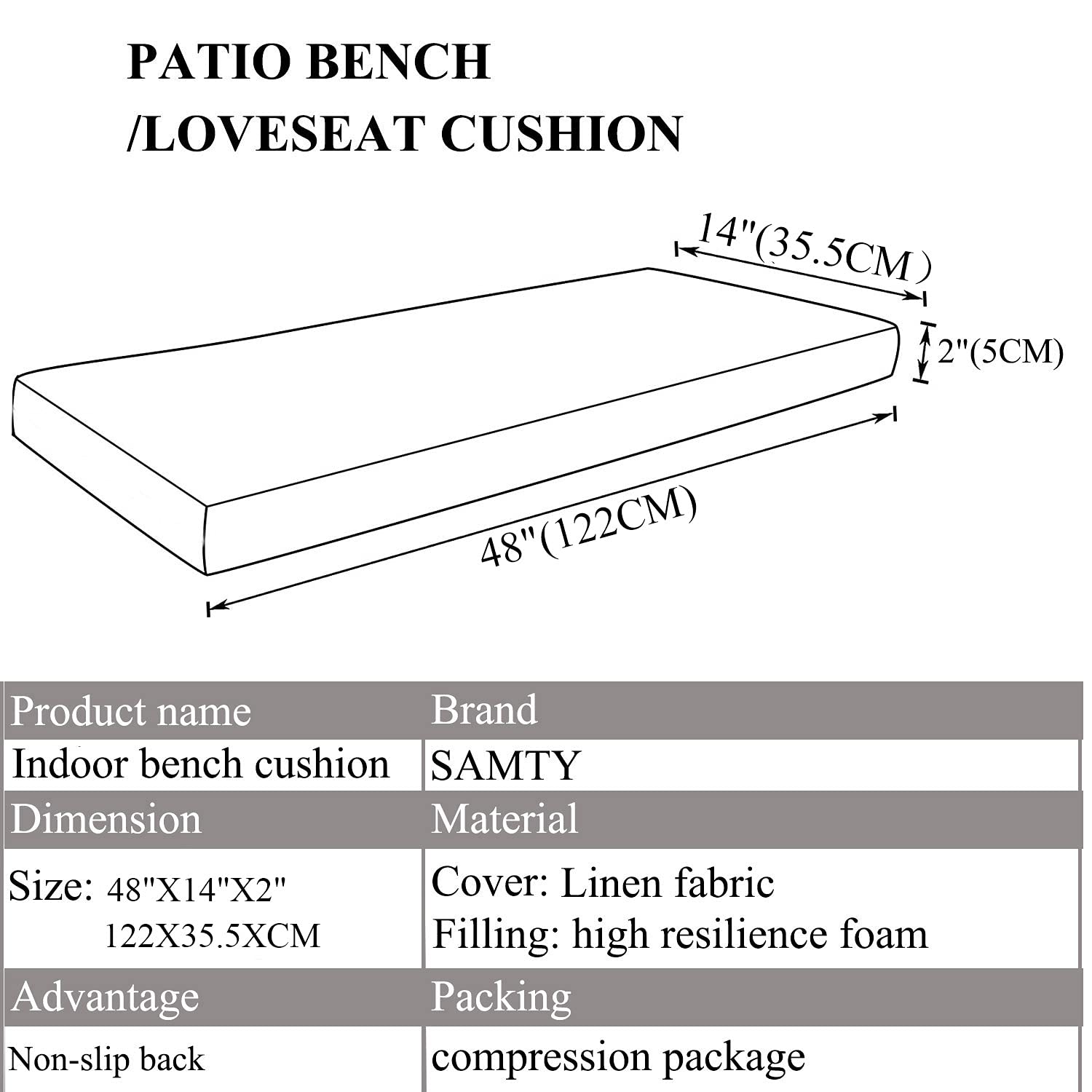 Bench Seat Memory Foam Chair Pads Non-Slip Rubber Back Indoor Swing/Settee Cushion 48 x 14 inch