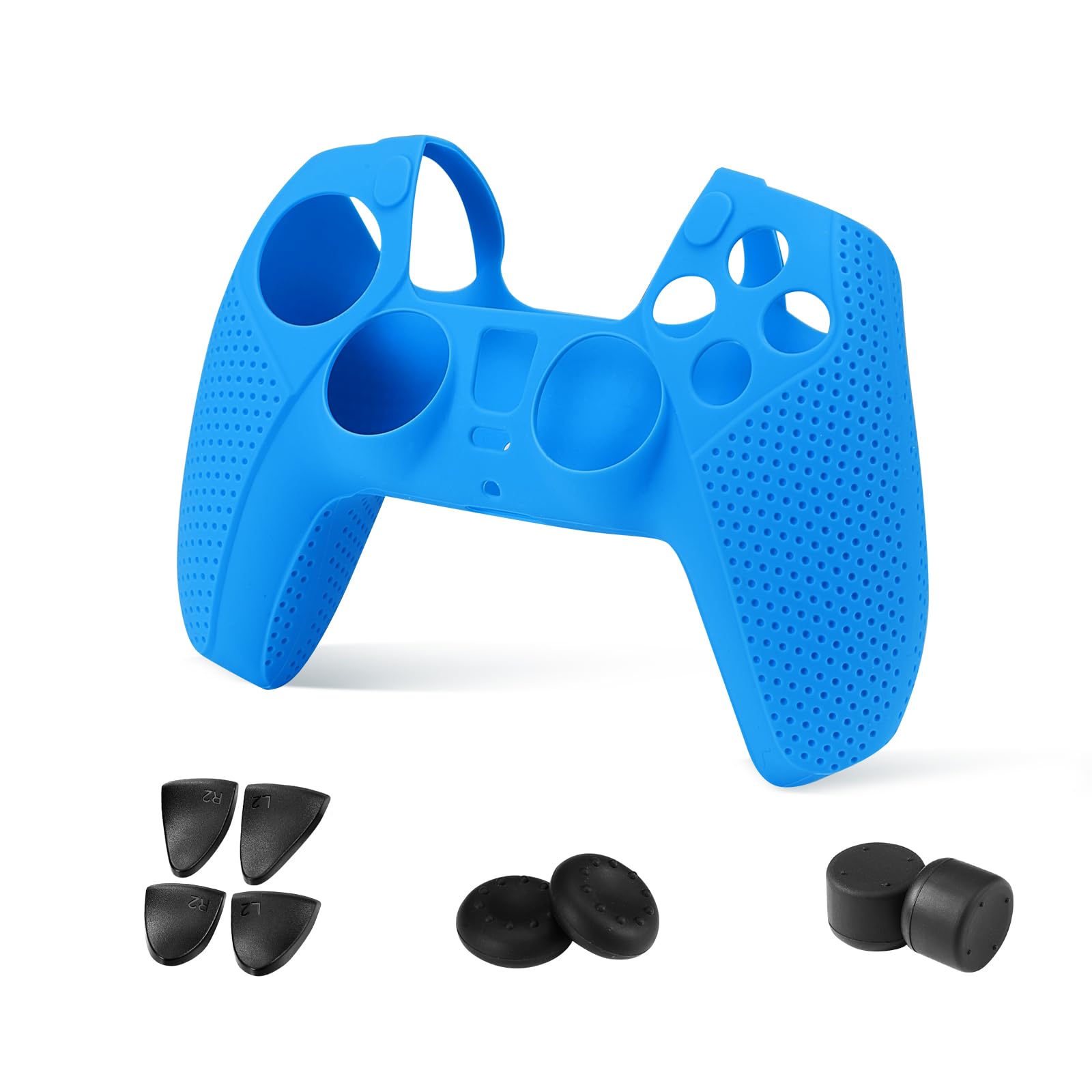 Fintie Case for PS5 Wireless Controller - Soft Silicone [Anti-Slip] [Shock Proof] Protective Cover with 4Pcs Thumb Grip Caps & Trigger Extensions for PS5 Wireless Controller (Blue)