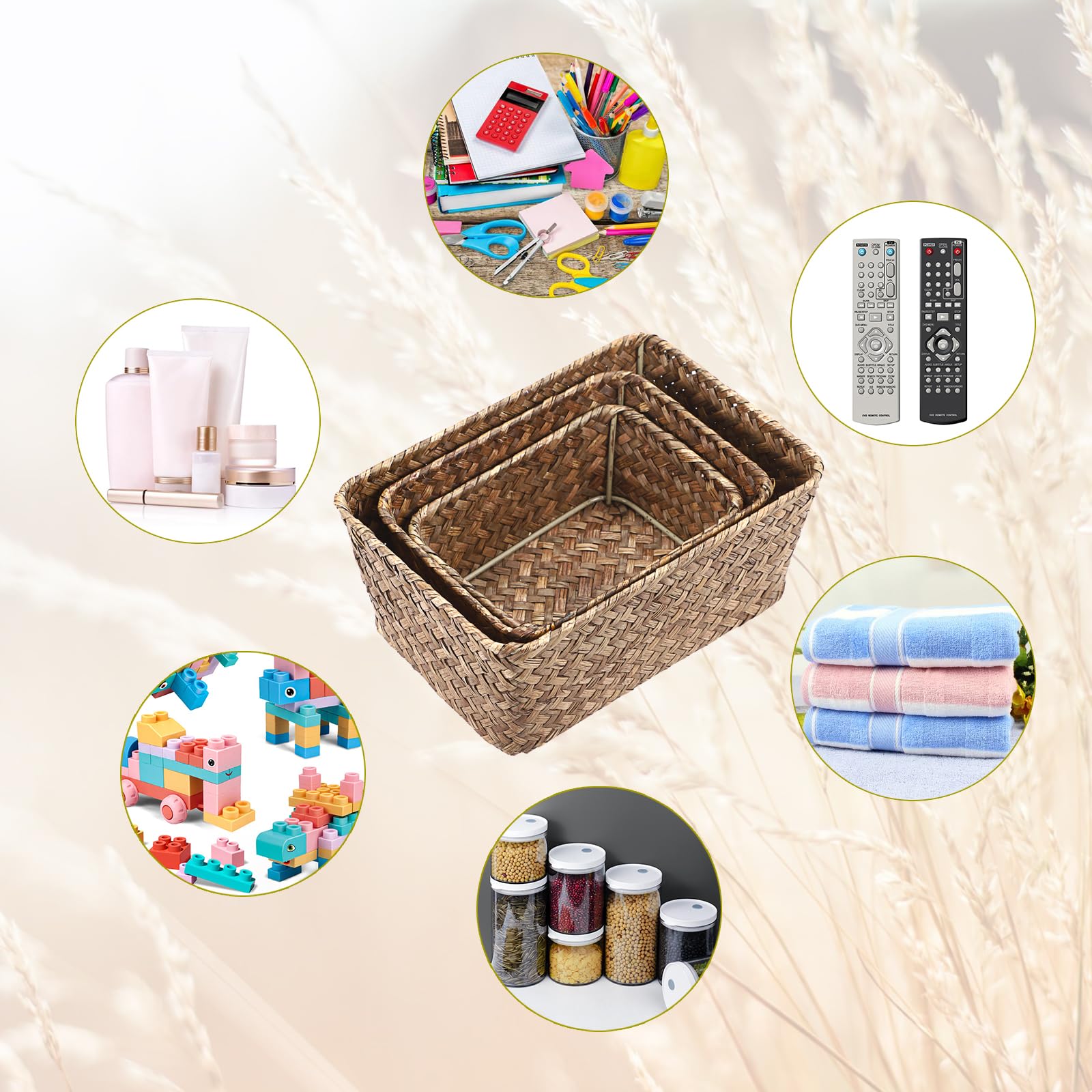 OGANAZI Small Woven Wicker Open Storage Baskets, Set of 3 Natural Seagrass Baskets Rectangular Basket Bins Woven Baskets for Shelf Closet Bedroom (Coffee)
