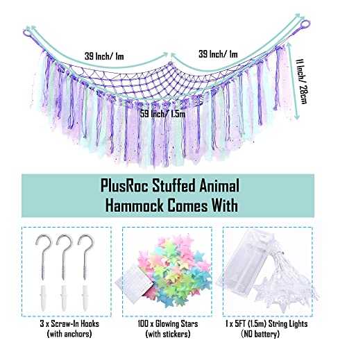 PlusRoc Stuffed Animal Storage Net Or Hammock With LED Star Light And Glow Stars, (Purple) Corner Toy Organizer Holder Bags For Kids Room Bedroom Wall Décor
