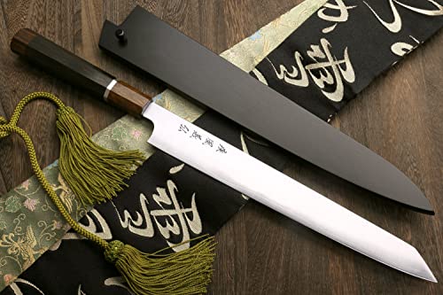 Yoshihiro TM-Hayate ZDP-189 Super High Carbon Stainless Steel Sujihiki Kiritsuke Knife Octagonal Ebony Wood Handle with Sterling Silver Ring (9.5" (240mm))