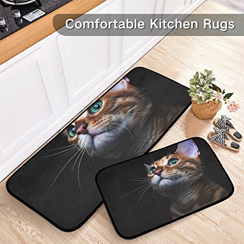 Bengal Cat Kitchen Rugs and Mat 2 Pieces Set Cushioned Anti Fatigue Kitchen Mat Non Slip Doormat Runner Carpet Washable Farmhouse Decor for Home Kitchen Hallway Bedroom