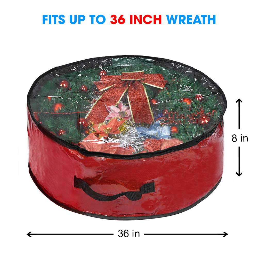 ProPik Christmas Wreath Storage Bag 36" - Garland Holiday Container with Clear Window - Tear Resistant Fabric - 36" X 36" X 8" (Red)