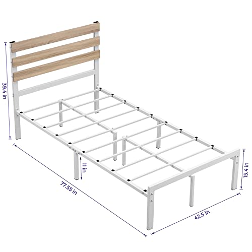 GreenForest Twin Bed Frame with Wooden Headboard Platform Bed with Metal Support Slats NO-Noise Heavy Duty Bed Base Industrial Style with 9 Strong Legs,Mattress Foundation,Twin
