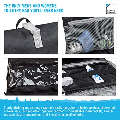 Lewis N. Clark Hanging Toiletry Bag for Travel Accessories, Shampoo, Cosmetics + Personal Items with Waterproof Compartment and Folding Design,Black