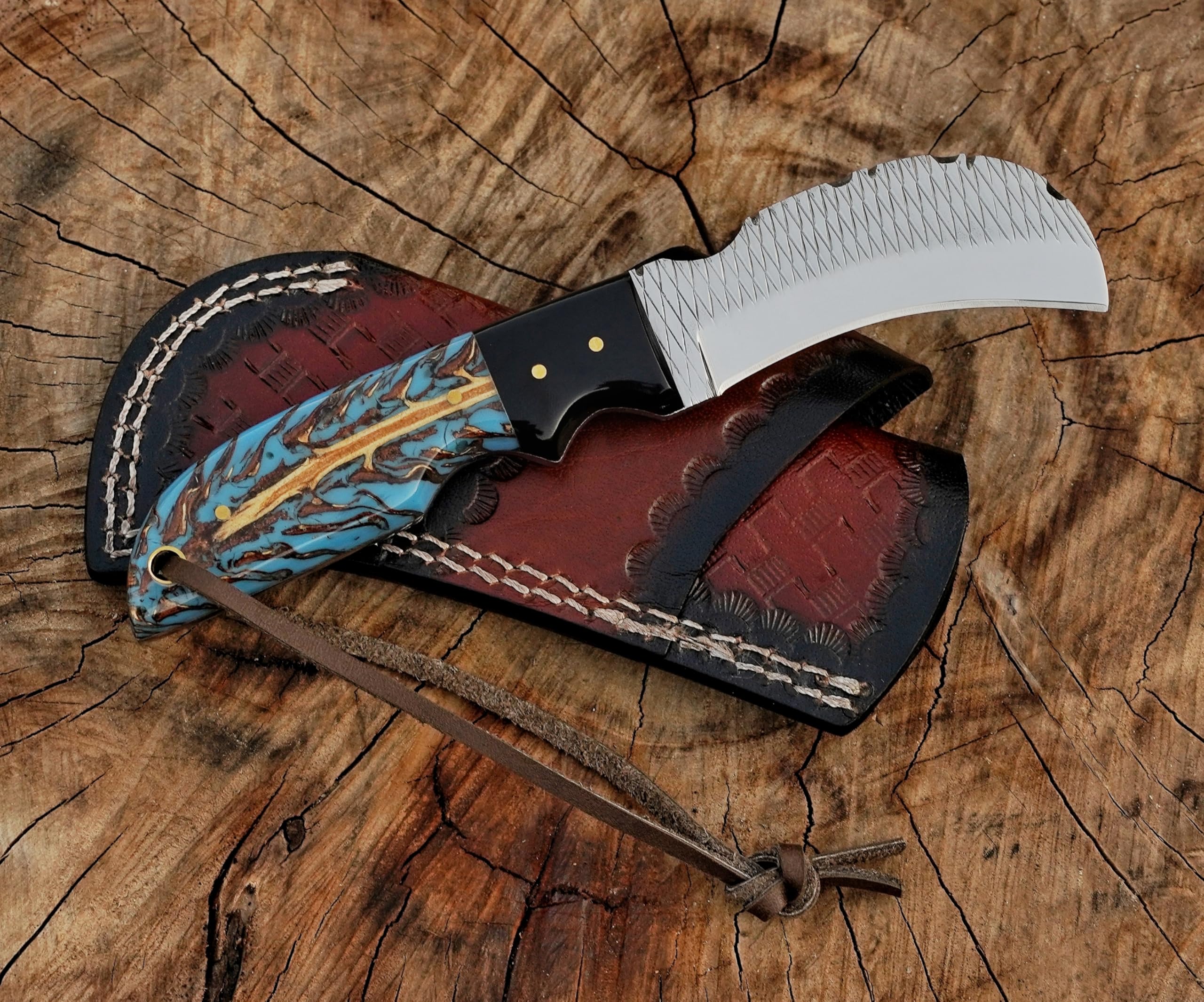 BE BREAK EDGE Handmade Steel Lineman’s Hawkbill knife with Leather sheath,Wire Skinning knife,Heavy Duty Utility knife, Fixed blade Full Tang Electrician knife for professional,(Bison Horn Handle)