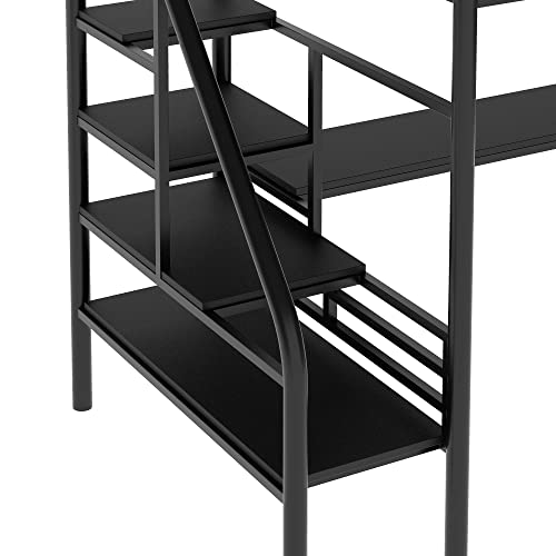 GLORHOME Metal Twin Size Loft Bed with Long Desk & Safety Stairway,Space-Saving Kids Loftbed Frame for Kids Teens Children, No Box Spring Needed, Black