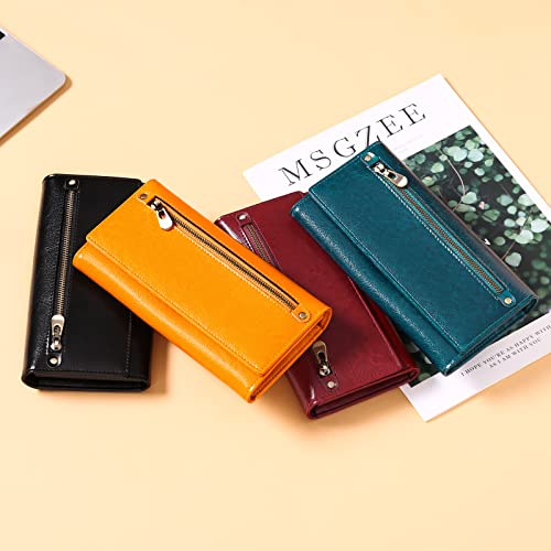 KELEEL Women Wallet Leather Clutch Bifold RFID Blocking Large Capacity Slim Ladies Purse Card Holder Organizer (Gloss Red)
