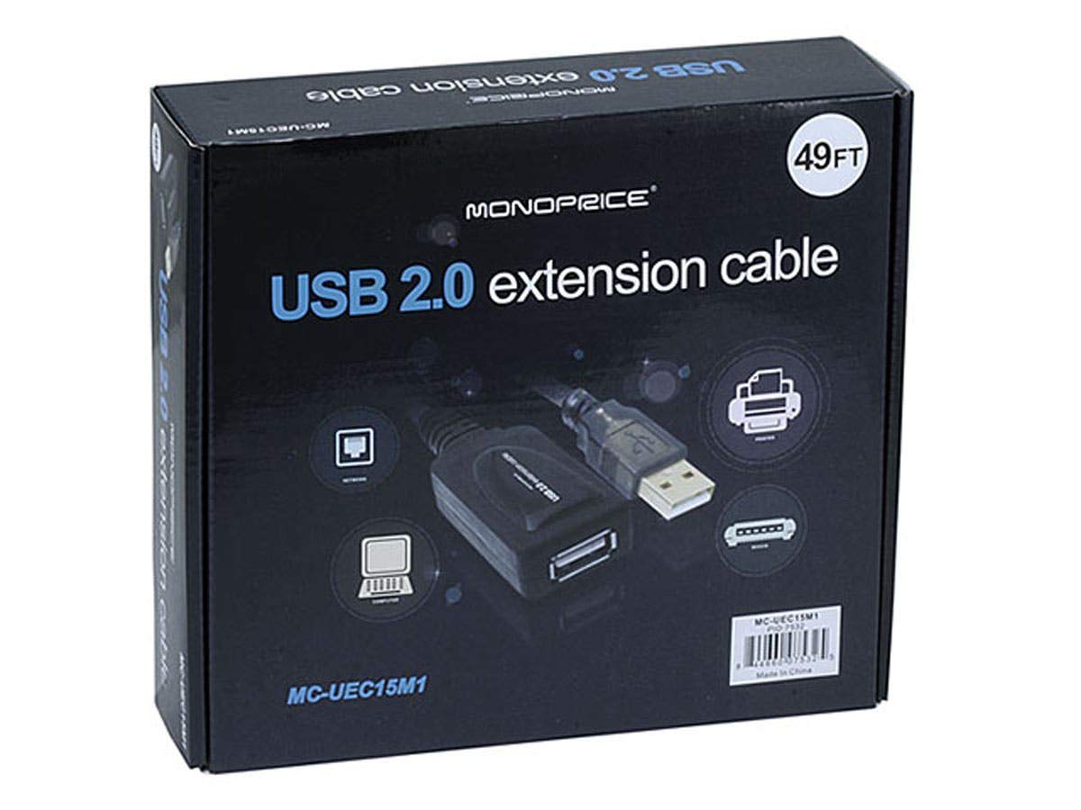 Monoprice 49ft 15M USB 2.0 A Male to A Female Active Extension / Repeater Cable (Kinect & PS3 Move Compatible Extension)