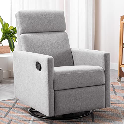 P PURLOVE Modern Upholstered Rocker Chair with Adjustable Backrest and Retractable Footrest, 360° Glider Swivel Recliner Chair, Glider Chair Easy to Assemble and Clean, Gray