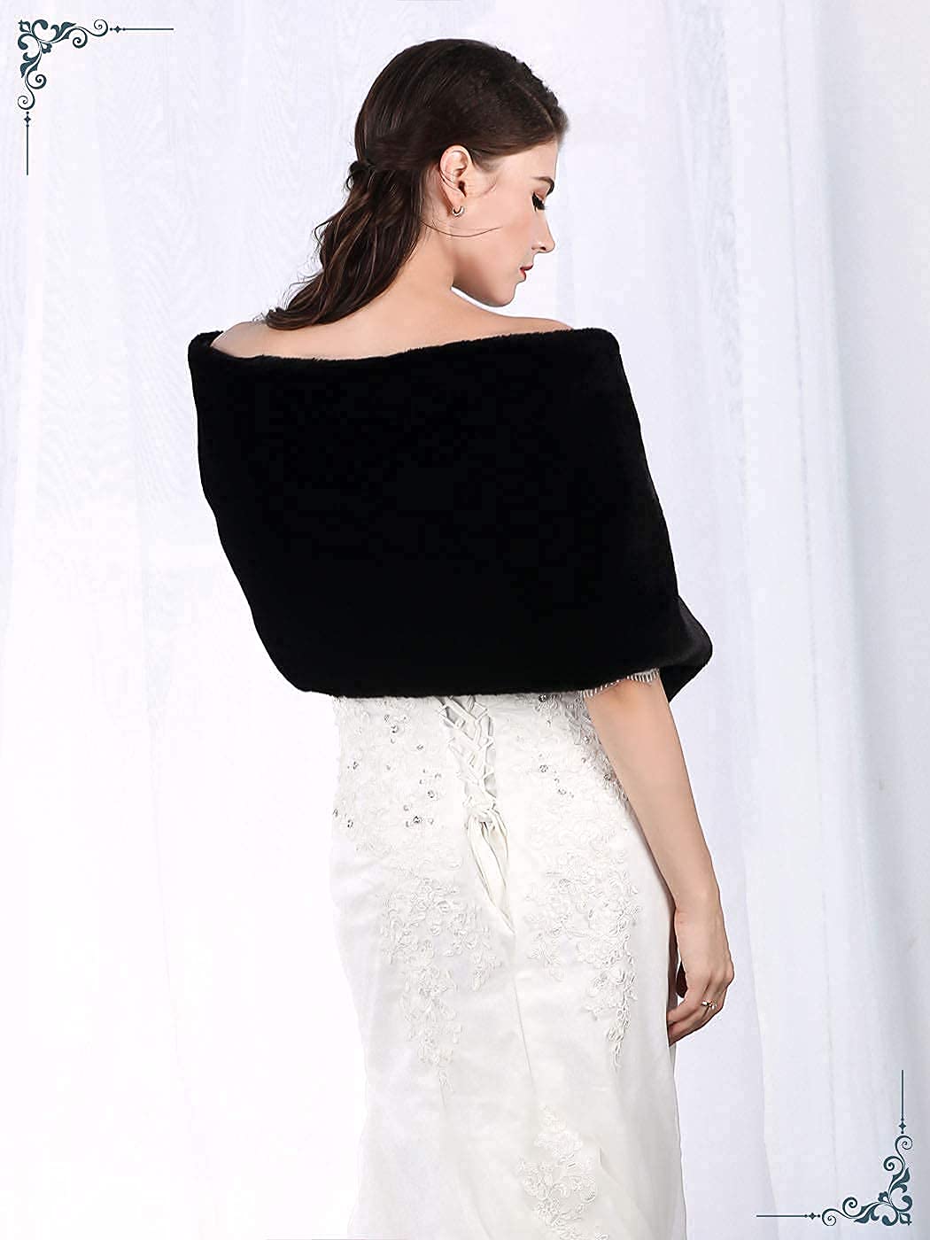 Aukmla Faux Fur Shawl Wedding Fur Wraps and Shawls Bridal Fur Stole Winter Cape Shrug for Brides and Bridesmaids (Black)