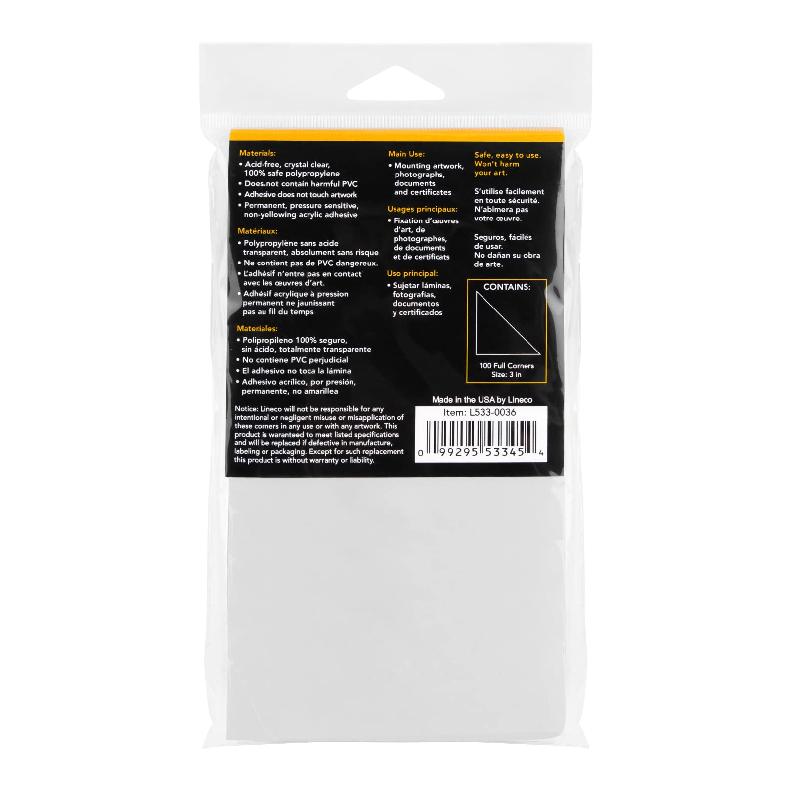 Lineco, Archival Polypropylene Mounting Corners, Acrylic Self-Adhesive Acid-Free Non-Yellowing, 3 Inches, for Artwork Photos, 100-Pack, Clear