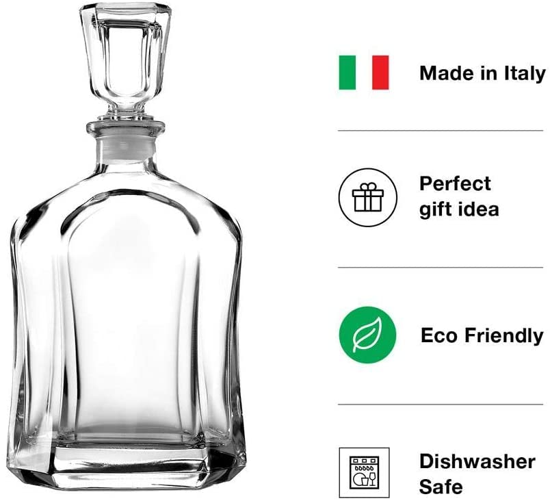 Whiskey Decanter Set with Whiskey Glasses and Airtight Stopper for Vodka, Bourbon, Brandy. Italian Glass | 23.75oz with 2 pack 11oz glasses, Made in Italy