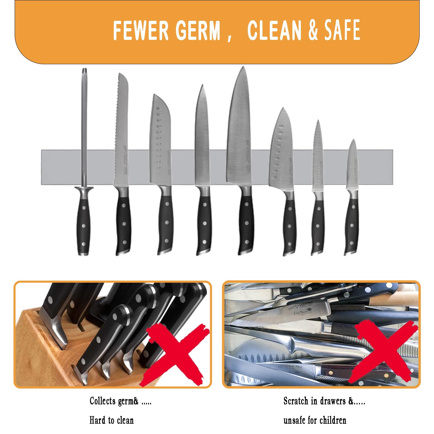 Stainless Steel Magnetic Knife Holder 16 Inch for wall,Multi-Purpose Functionality Adhesive Magnetic knife Strip as Office magnetic tool manager,kitchen Magnetic Tool Organizer.