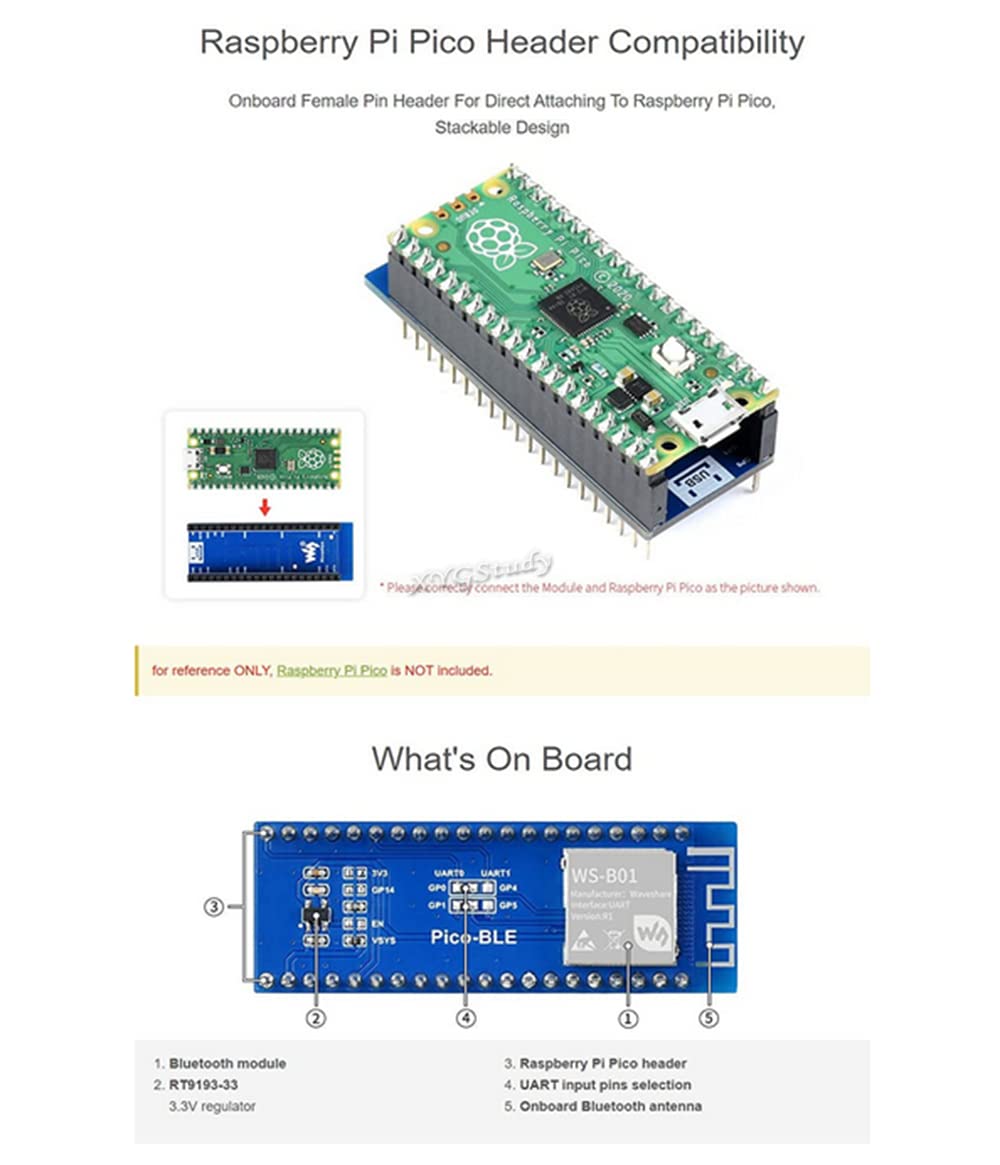 Dual-Mode Bluetooth Module for Raspberry Pi Pico, SPP / BLE, Bluetooth 5.1 Wireless @XYGStudy (Pico-BLE)