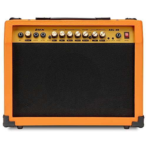 LyxPro 40 Watt Electric Guitar Amplifier | Solid State Studio Amp with 8” 4-Ohm Speaker, Custom EQ Controls, Drive, Delay, ¼” Passive/Active/Microphone Inputs, Aux in & Headphone Jack - Sunburst