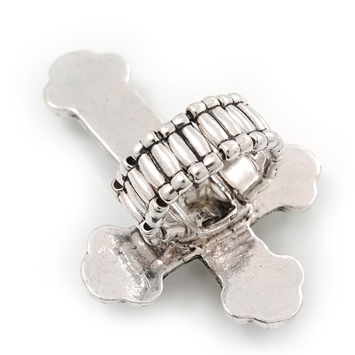 Avalaya 'Fleur de Lis' Crystal Set Statement Cross Stretch Ring In Vintage Silver Finish - 6cm Length - Adjustable size 7/8
