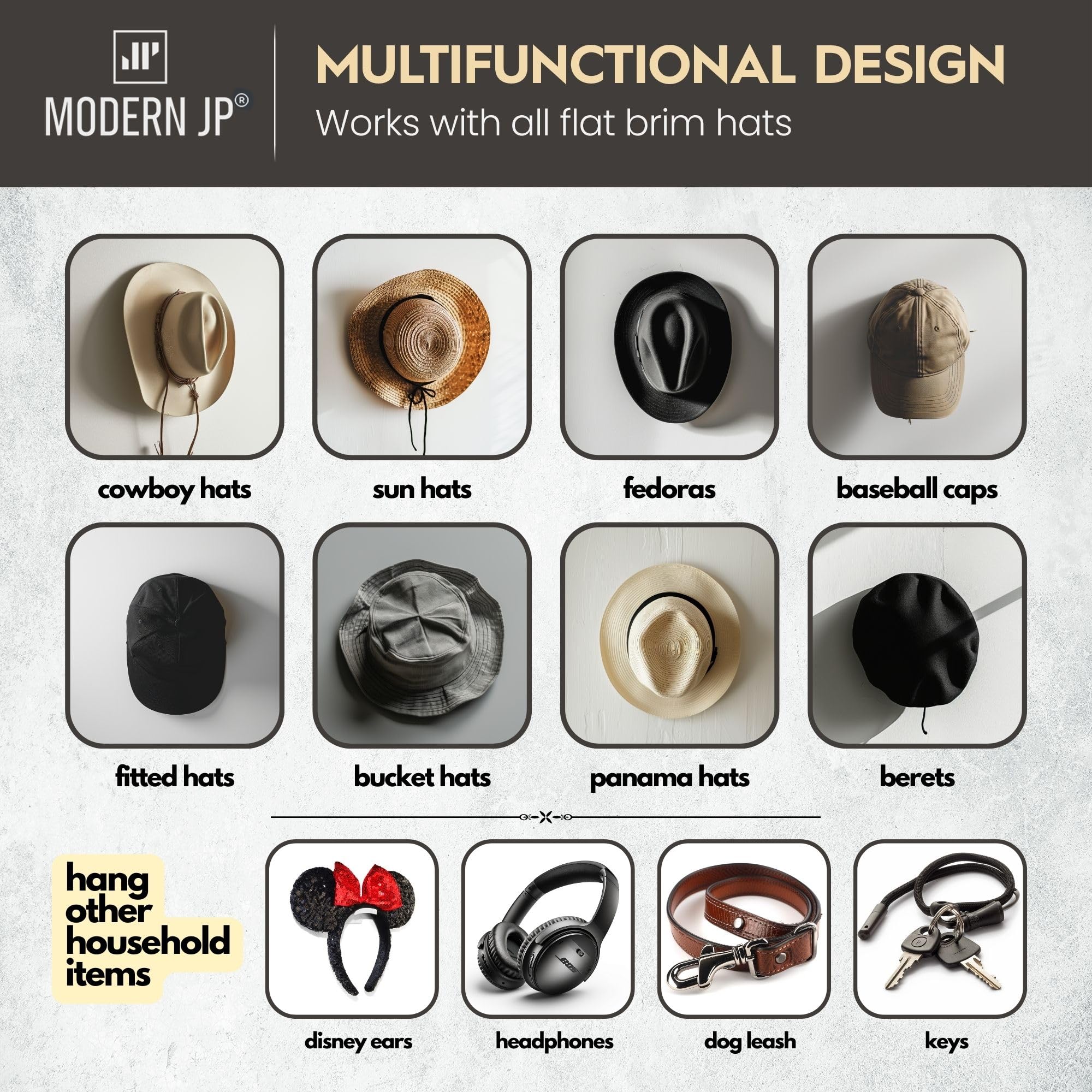 Modern JP Adhesive Hat Hooks for Wall (6-Pack) - Cowboy Hat Rack, Wide Brim Hat Organizer, Strong Hold Hat Hangers for Wall - Black